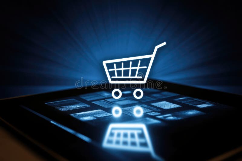 Digital Shopping Concept with Glowing Shopping Cart Icon on Tablet ...