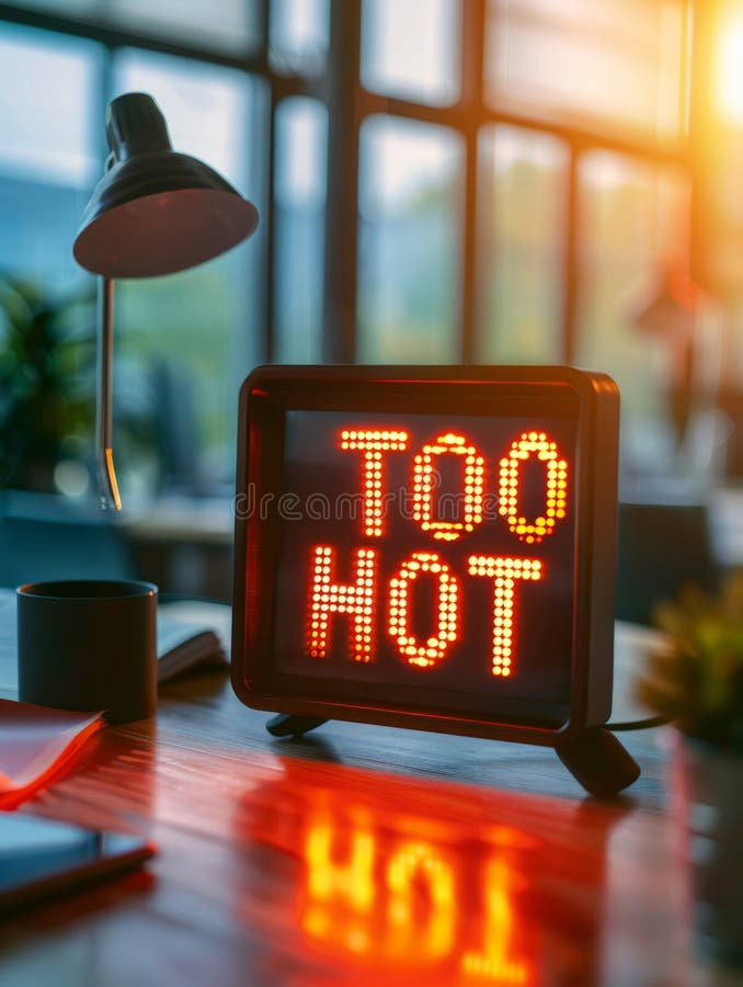 Digital Sign Displaying TOO HOT on an Office Desk. Stock Image - Image ...