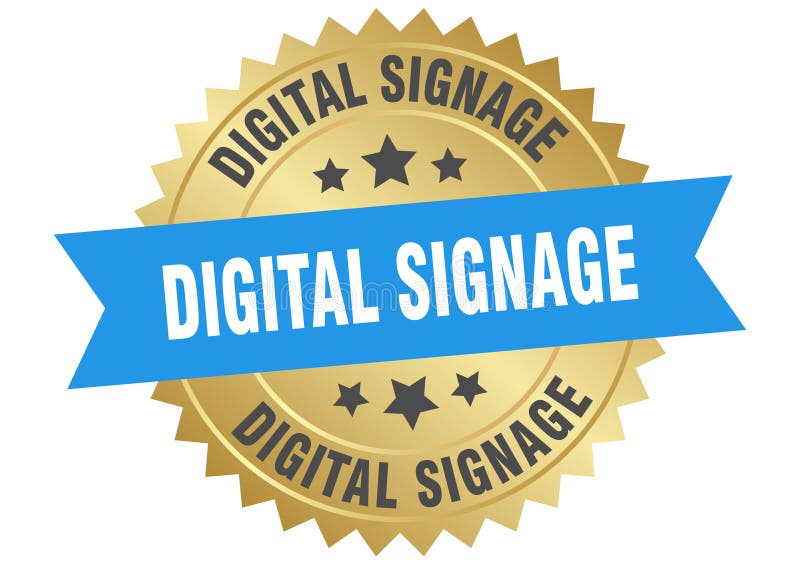 Digital Signage. Digital Signage Round Blue and Gold Label Isolated on ...
