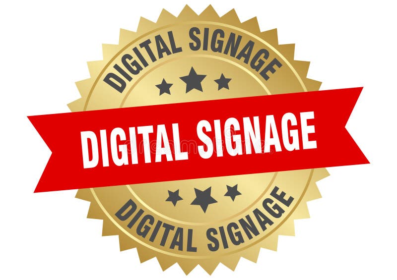 Digital Signage. Digital Signage Round Red and Gold Label Isolated on ...