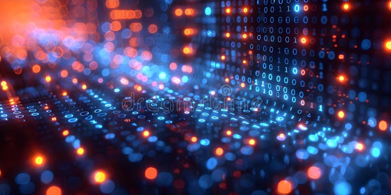 Digital Signboard Displaying Neon Blue Binary Code Pattern Symbolizing Computer Programming And