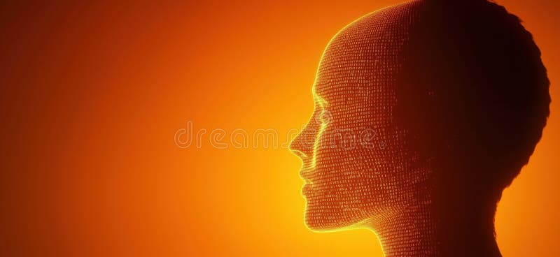 Digital Silhouette of a Human Head Composed of Binary Code Against a Vibrant Orange Background ...