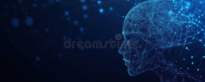 Digital Network Head Profile on a Blue Background with Abstract Lines ...