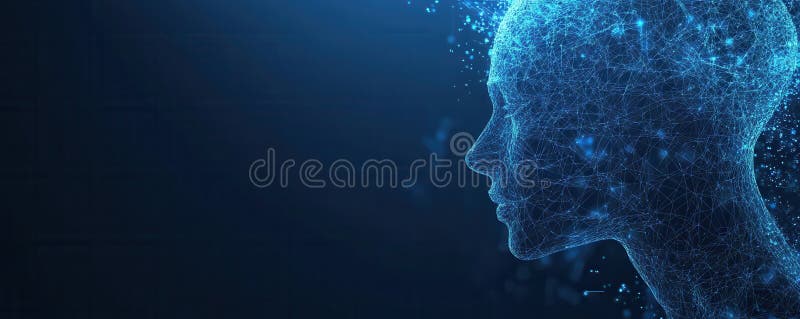 Digital Network Head Profile on a Blue Background with Abstract Lines ...