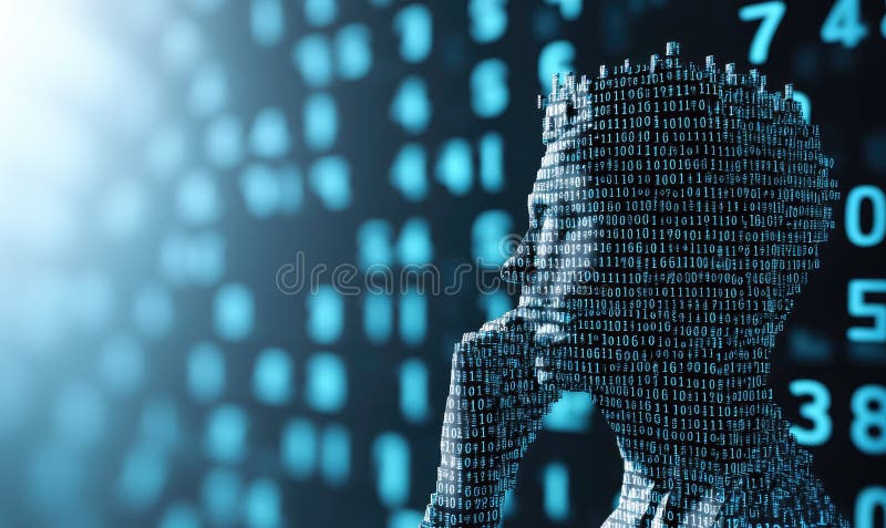 A Digital Silhouette of a Person in Deep Thought, Surrounded by Binary ...
