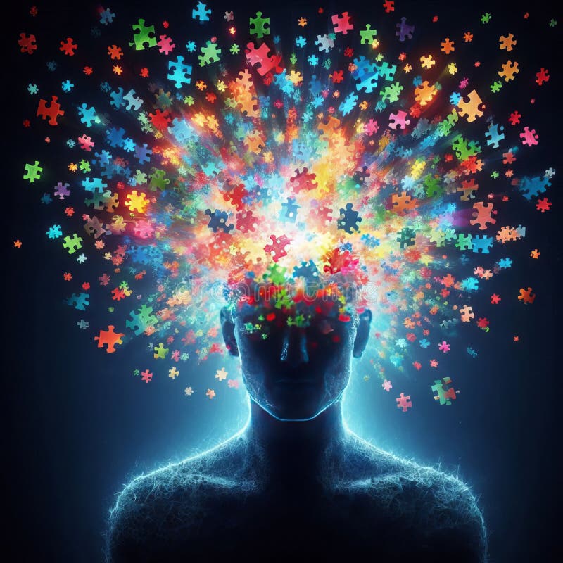 Digital Silhouette with Vibrant Puzzle Pieces Exploding from Head Stock ...