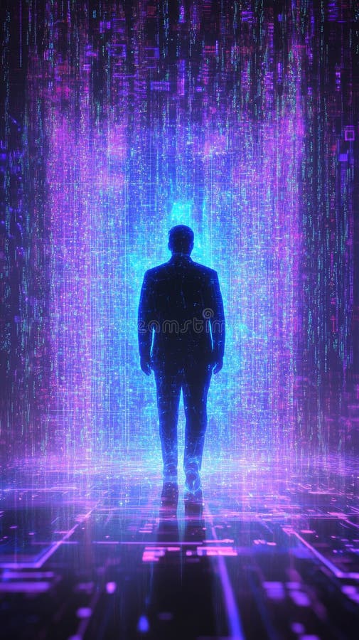 Digital Silhouette Walking through Virtual Matrix Stock Image - Image ...