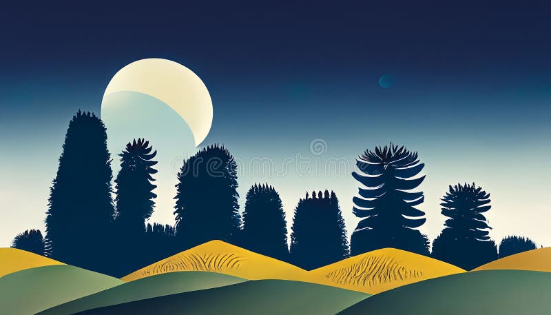 Digital Simple Abstract Illustration of a Beautiful Moon Night Forest ...