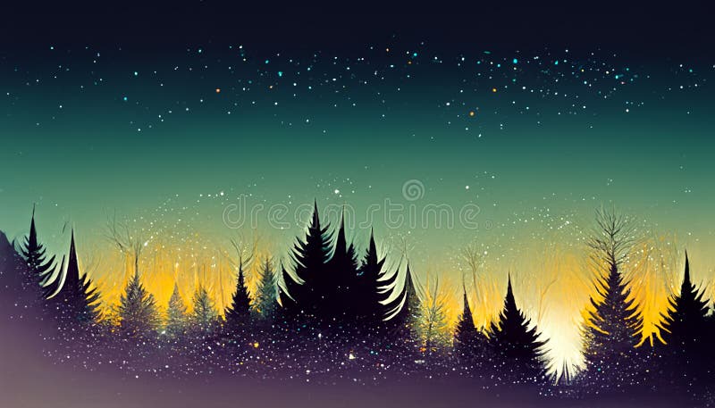 Digital Simple Abstract Illustration of a Beautiful Night Forest ...