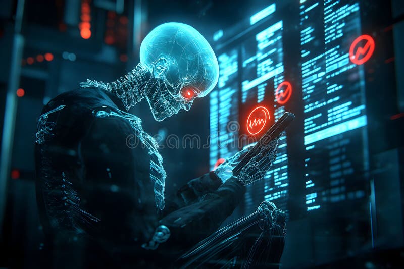 Digital Skeleton in Ethereal Blue Surrounded by Technology and Data ...