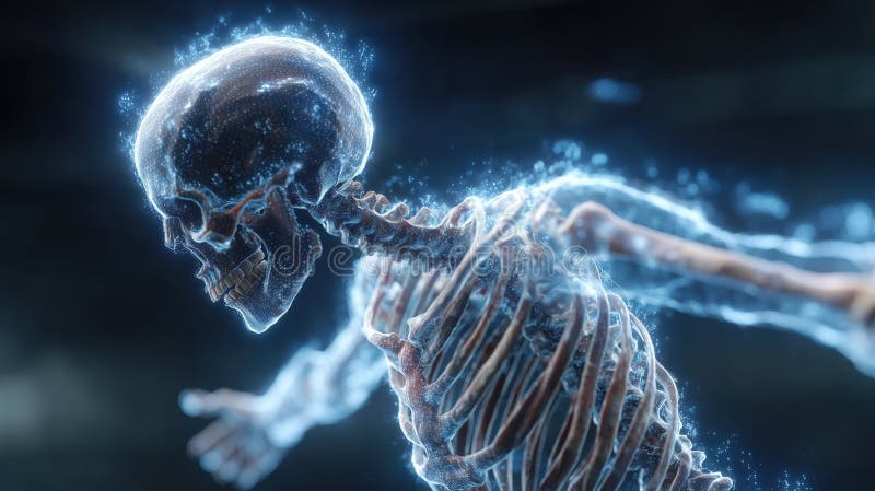 Digital Skeleton with Glowing Blue Energy Emanating from Bones and Skull in Dark Setting Stock ...