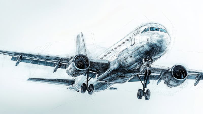 Digital Sketch of a Commercial Airplane in Flight with a Technical ...
