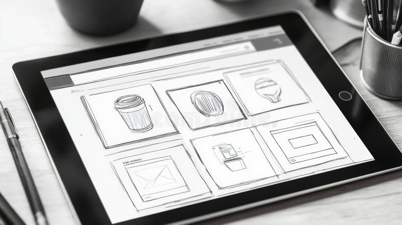 Digital Sketch of a Website Layout on a Tablet Featuring Various Design ...