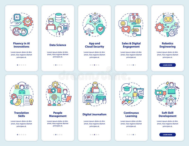 Digital Skills and Career Development Onboarding Mobile App Screen Set ...