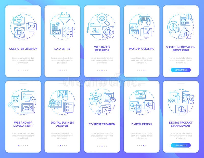 Digital Skills, Literacy Blue Gradient Onboarding Mobile App Screen Set ...