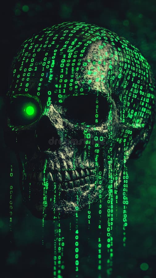 Digital Skull with Binary Code Matrix and Glowing Green Eye Stock Photo ...