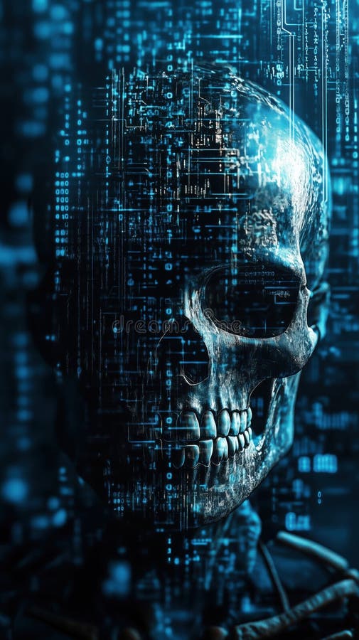Digital Skull with Binary Code Overlay, Futuristic Cybernetic Design ...