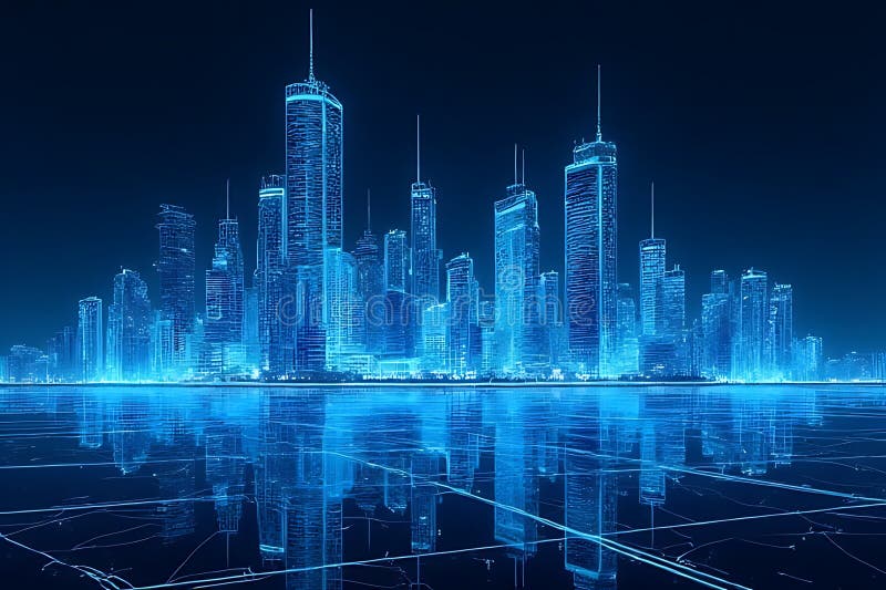 A Digital Skyline with Glowing Blue Buildings is Reflected on a Network ...