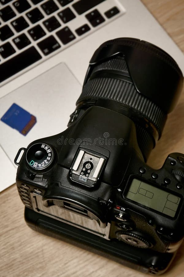 Digital SLR Camera and Laptop, Top View Stock Image - Image of ...