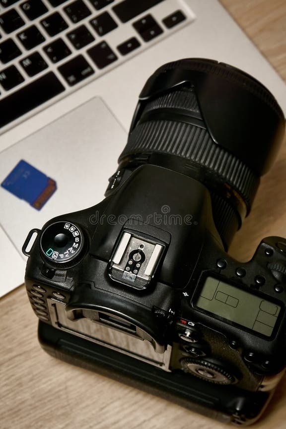 Digital SLR Camera and Laptop, Top View Stock Image - Image of ...