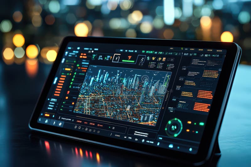 Digital Smart Grid Map Displays City Energy Usage on Tablet in High ...