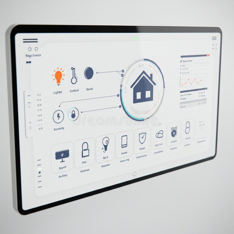 A Digital Smart Home Interface on a Touchscreen Display Shows Connected ...
