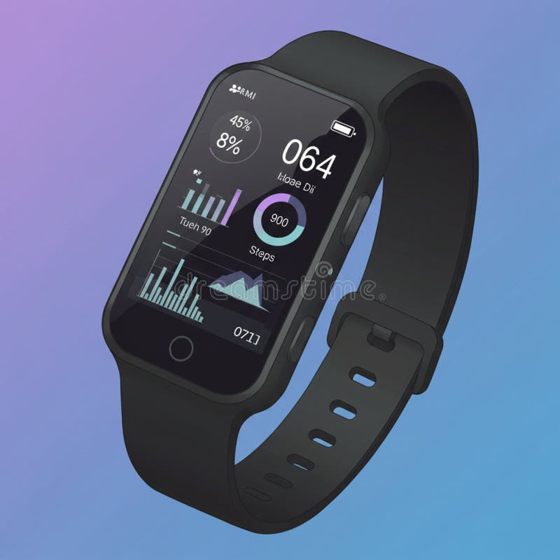 A Digital Smartwatch with a Rectangular Screen Displays Various Fitness ...