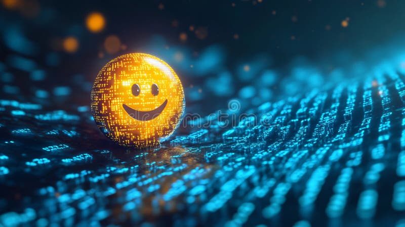 Digital Smiley Face Surrounded by Glowing Binary Code Design Evokes a ...