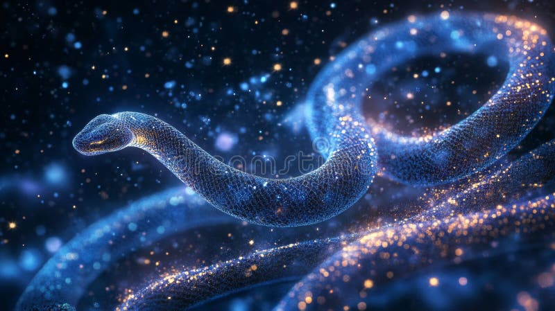 Digital Snake Composed of Sparkling Blue Particles on a Dark Background ...