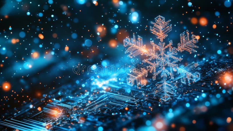 A Digital Snowflake on a Circuit Board with Bokeh Lights Stock ...