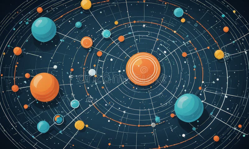 Digital Solar System, Featuring Central Orange Planet Surrounded by ...
