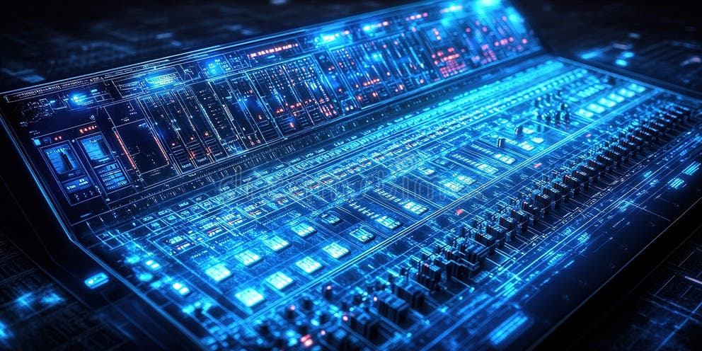 Digital Sound Mixing Console Illuminated with Blue Lights Displaying ...