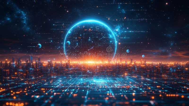 Digital Space Grid with Planetary Orbits and Glowing Stellar Lights ...