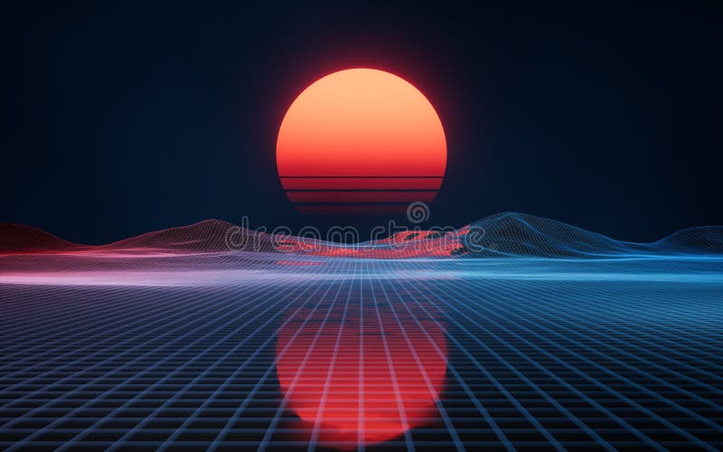 Digital Space and Sunset with Retro Style, 3d Rendering Stock ...