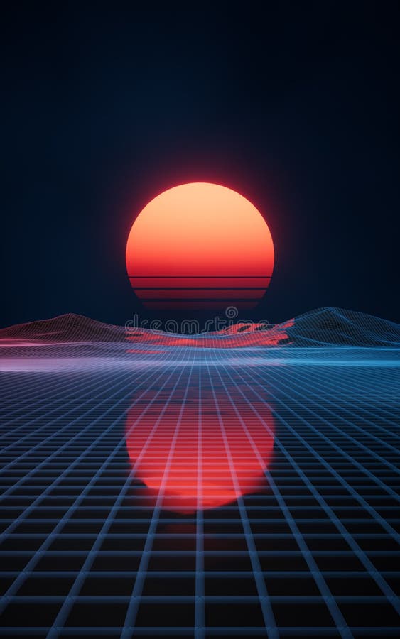 Digital Space and Sunset with Retro Style, 3d Rendering Stock ...