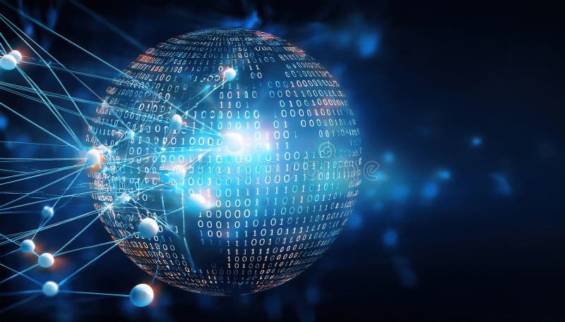 Digital Sphere Composed of Glowing Binary Code and Interconnected Nodes, Representing Concept of ...