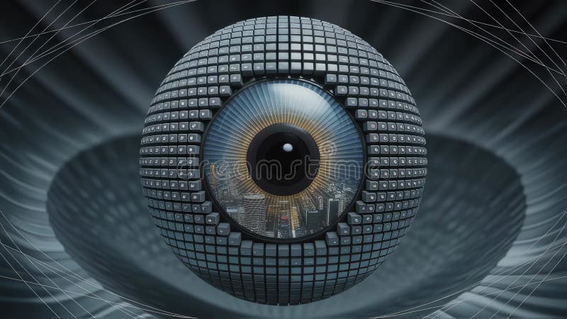 Futuristic Surveillance Sphere with Rotating Grid Structure Stock ...