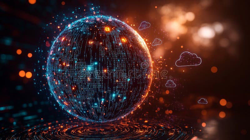 Digital Sphere of Glowing Binary Code Surrounded by High-speed Data Streams and Particles. AI ...
