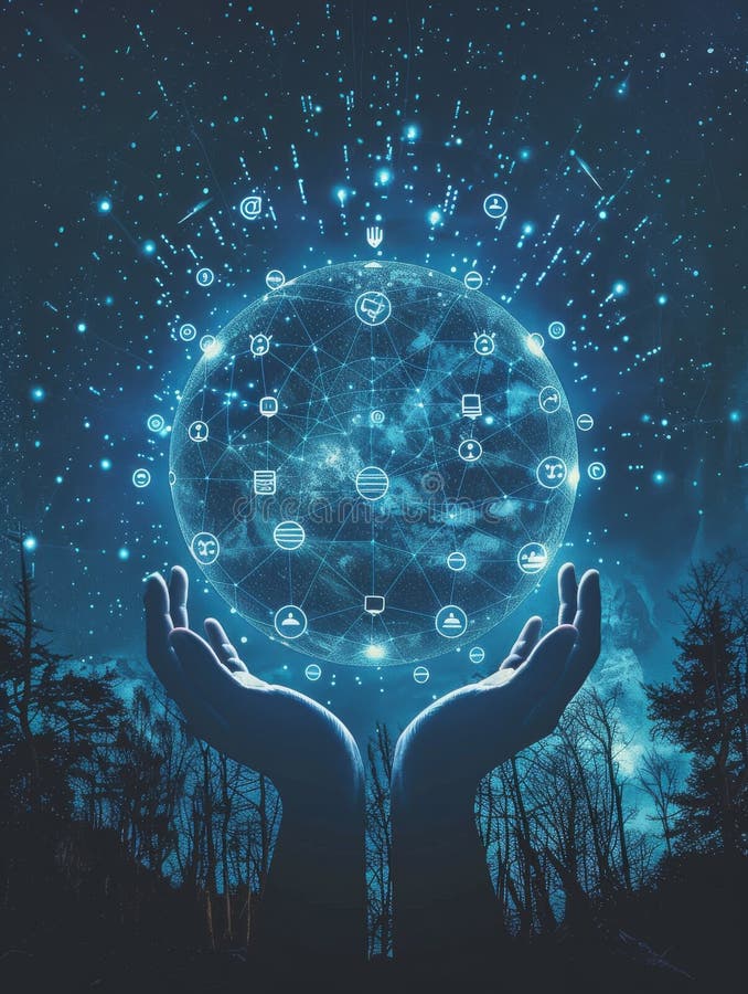 Digital Sphere with Icons Representing Technology and Communication in ...