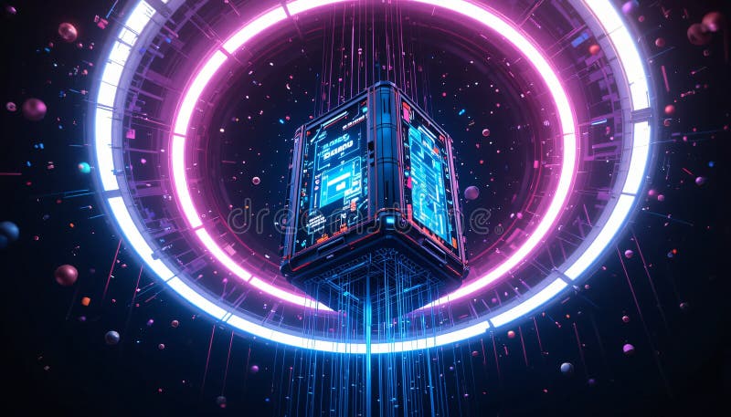 Digital Sphere with Neon Rings Stock Illustration - Illustration of ...