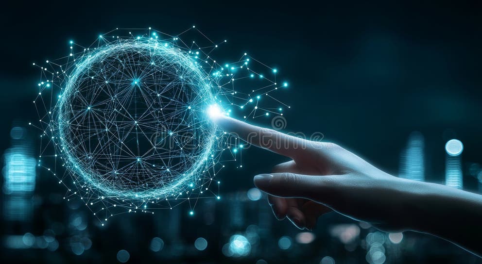 Digital Sphere Network with a Wireframe Robot Hand and a Human Hand ...