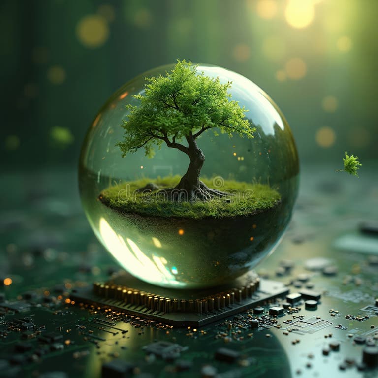Digital Sphere with Tree Inside, Tech Eco-friendly Computing. Concept ...