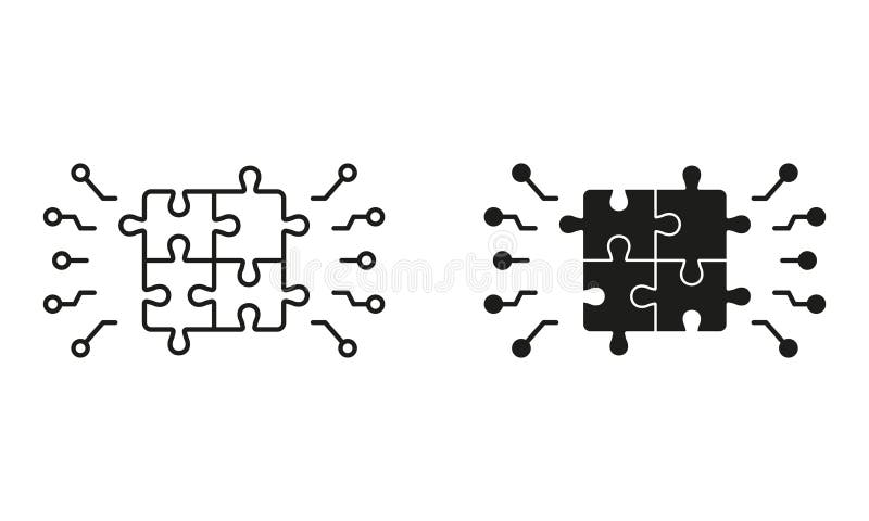 Digital Square Jigsaw Line and Silhouette Icon Set. Puzzle Challenge ...