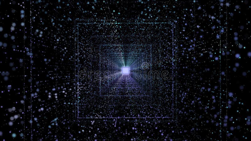Digital Square Tunnel with Futuristic Matrix. Binary Code Particle Network. Motion and ...