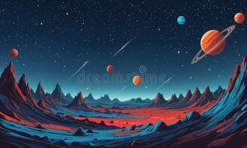 Digital Starry Night Sky with Planets and Comets, Featuring Red Planet ...