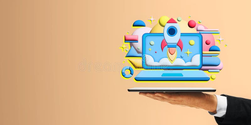 Digital Startup Concept with a Rocket Launching from a Laptop Stock ...
