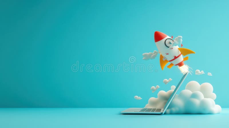 Digital StartUp Rocket Launching from Laptop into the Cloud Concept for ...