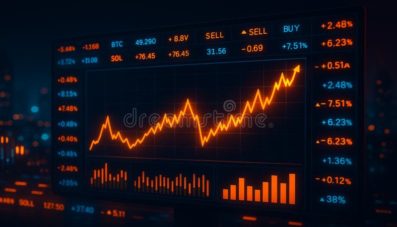 Digital Stock Market Interface with Orange Line Chart, Dynamic Data ...