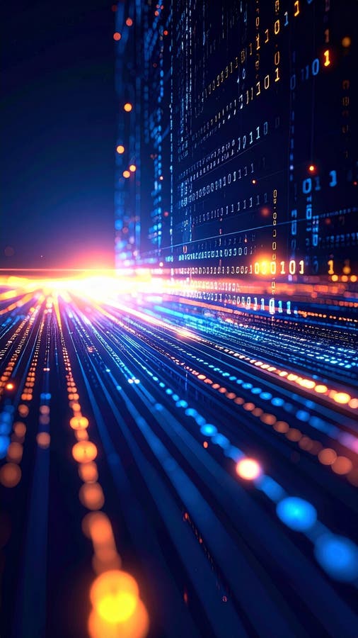 Digital Stream of Binary Code Data Flow with Glowing Lights in Futuristic Technology Concept ...