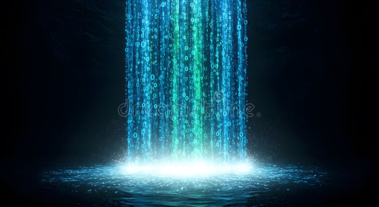 Digital Stream with Binary Numbers Flowing into Water with Bright Light ...